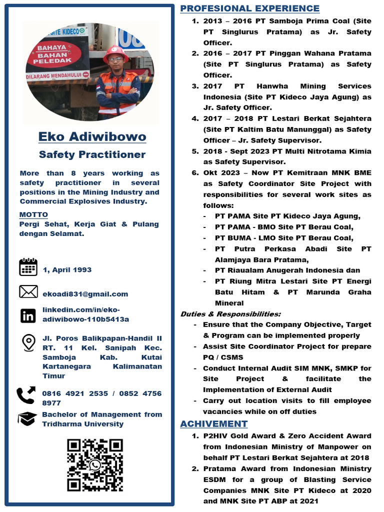 CV Eko Adiwibowo | PDF | Safety | Occupational Safety And Health