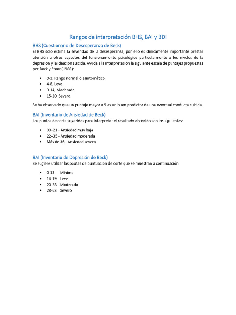 Rangos de Interpretación BHS - BAI - BDI | PDF