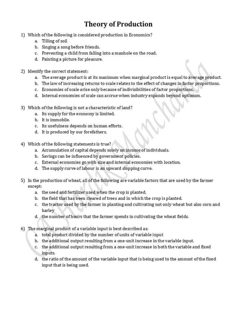 Production MCQs | PDF | Production Function | Marginal Cost