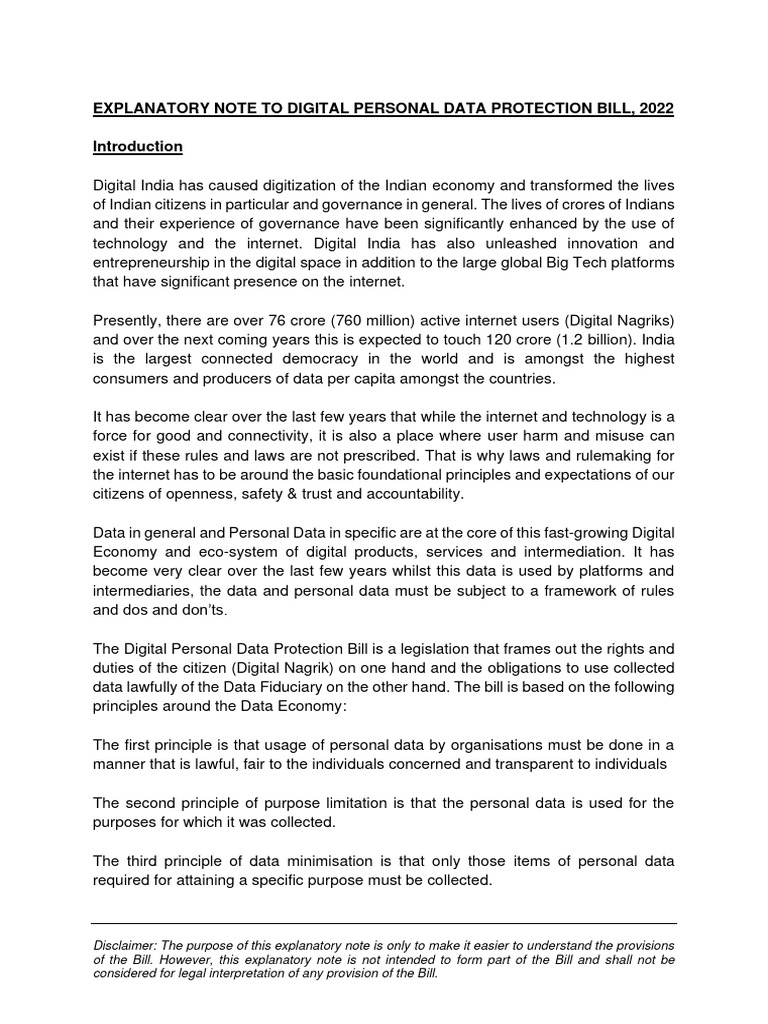 Explanatory Note- The Digital Personal Data Protection Bill, 2022 | PDF ...