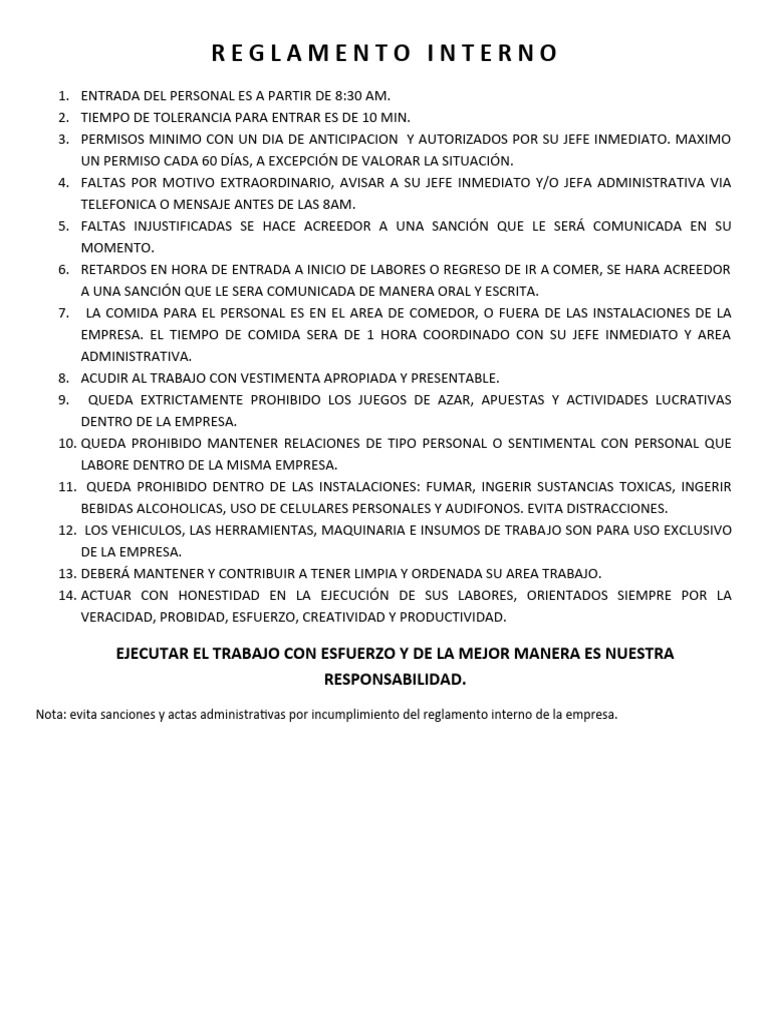 REGLAMENTO INTERNO - Oficina | PDF