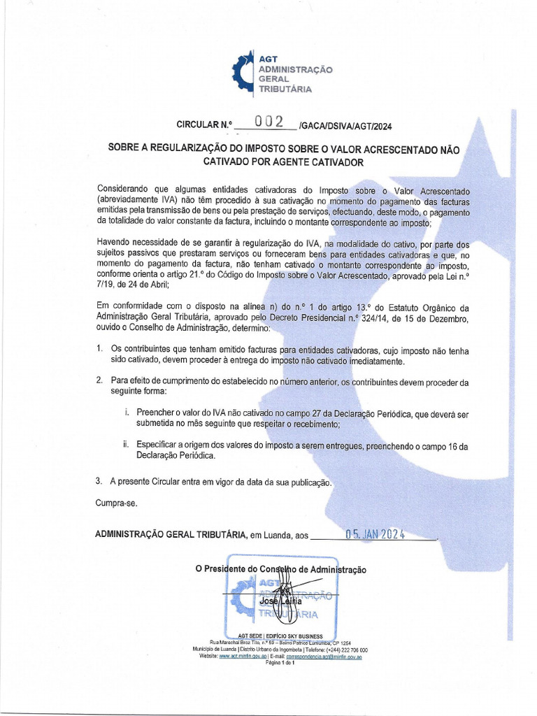 Circular 002 Gaca Dsiva Agt 2024 - Regularização Do Iva Cativopdf ...