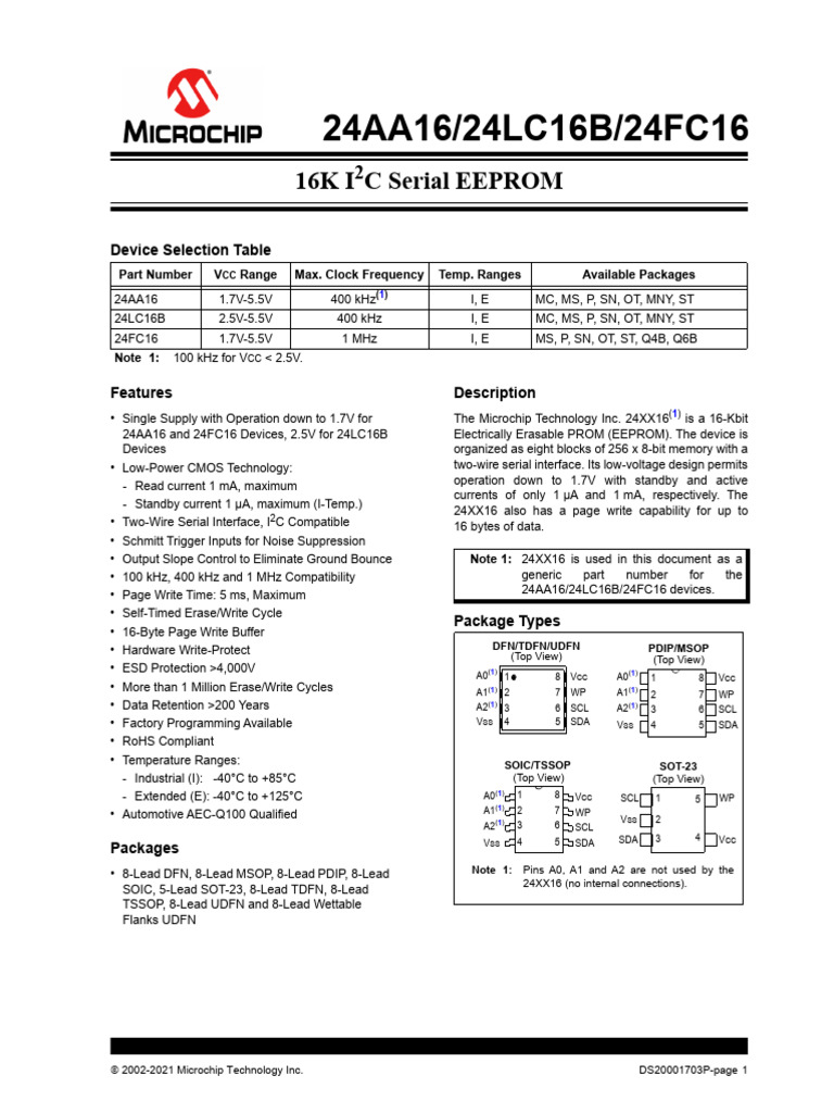 24AA16 24LC16B 24FC16 16K I2C Serial EEPROM 20001703P | PDF | Computer Engineering | Digital ...