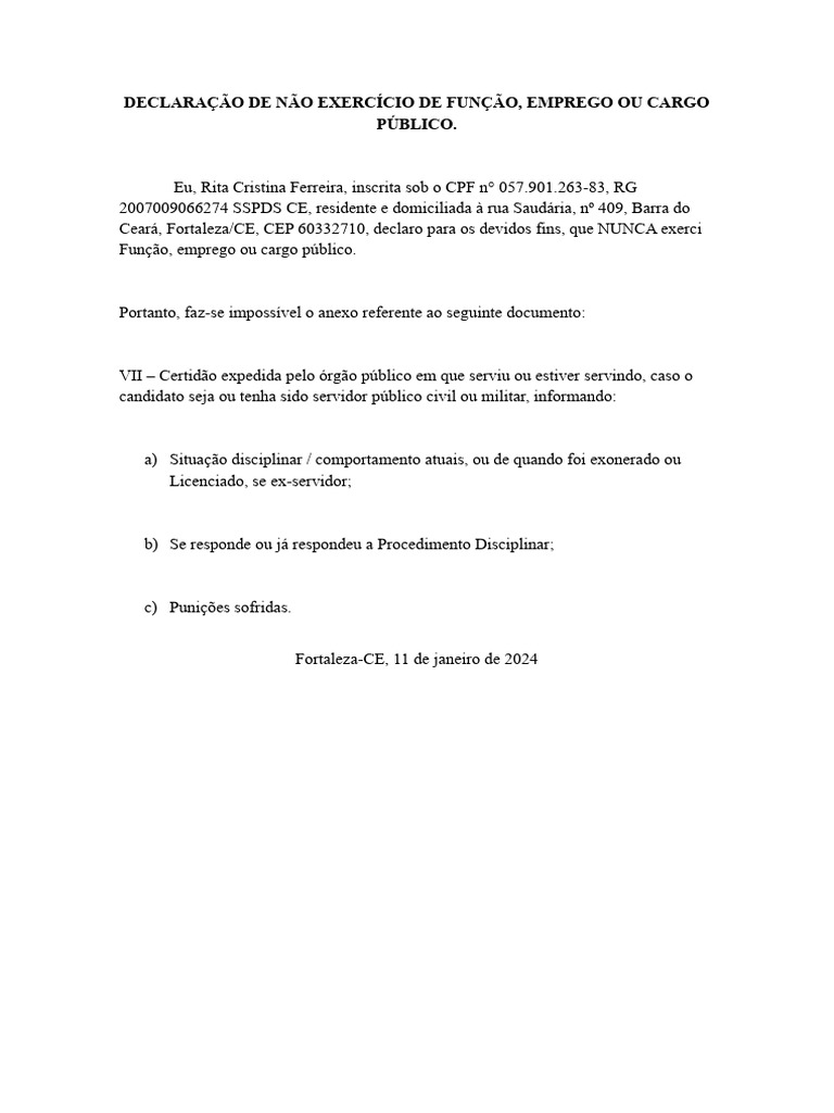 Declaração de Não Servidor | PDF | Carreira e Crescimento | Ciências ...
