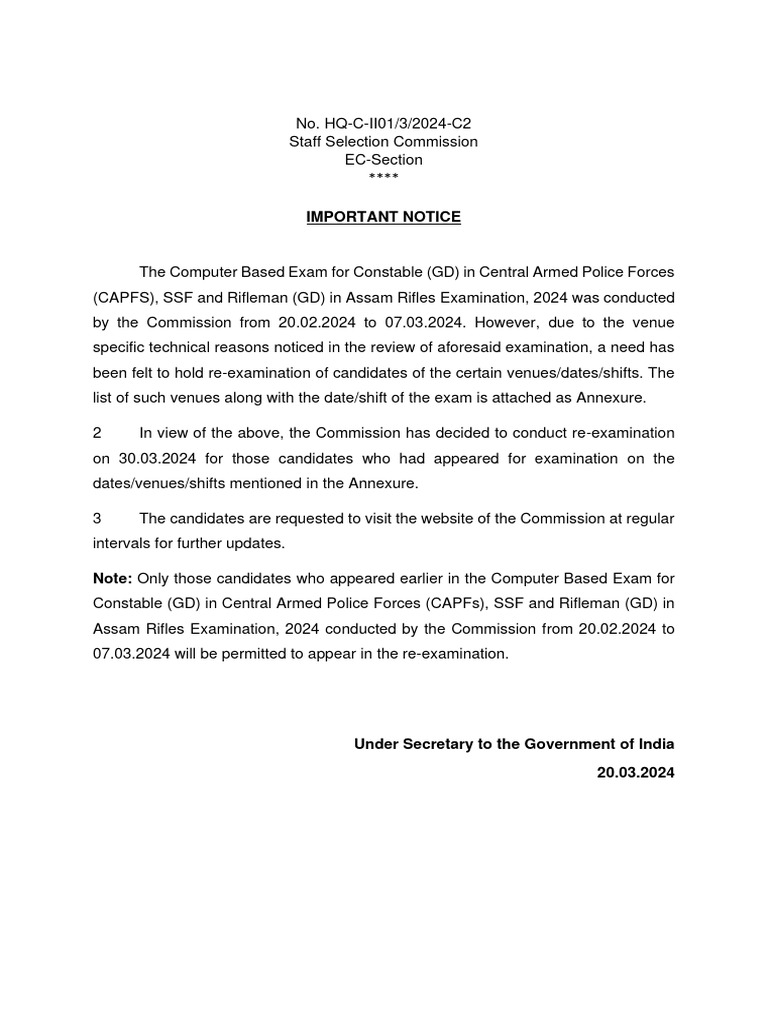 CT GD 2024 Rexam Notice | PDF | Government Of India | Law Enforcement
