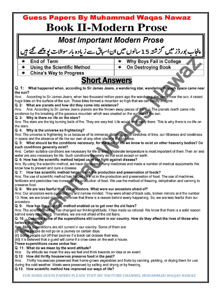 2nd Year English Solved Guess Paper 2022 (Waqas Nawaz) | PDF