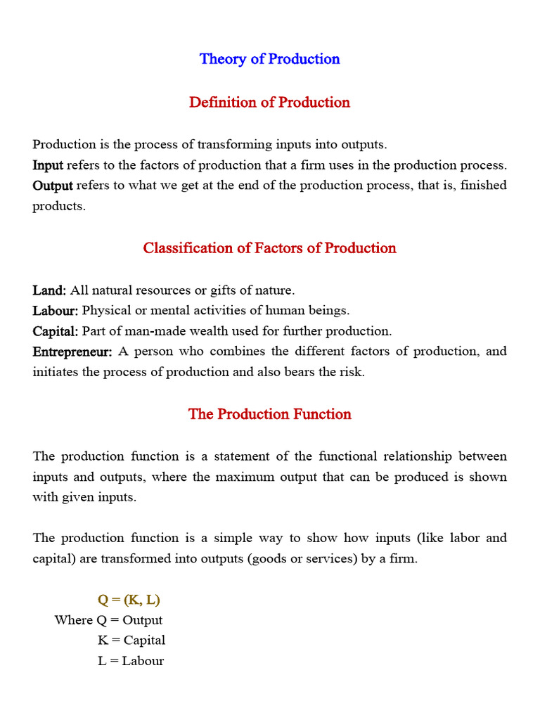 Notes - Theory of Production | PDF | Production Function | Factors Of ...