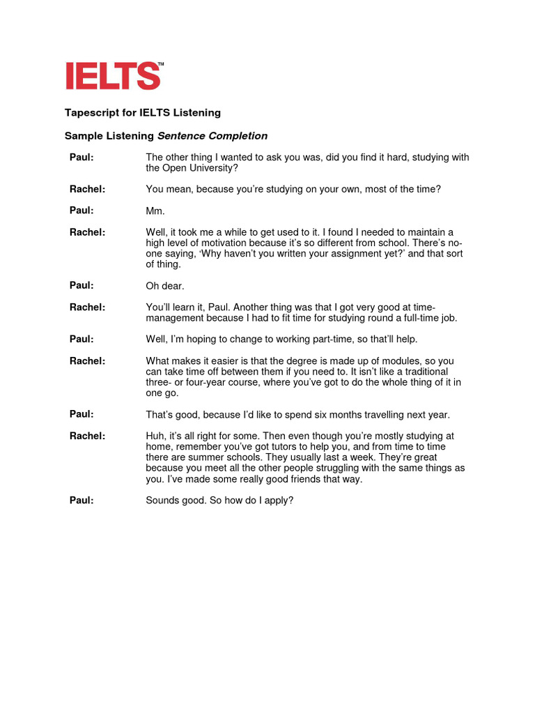 IELTS Listening - Sentence Completion - Transcript Answer - Global ...