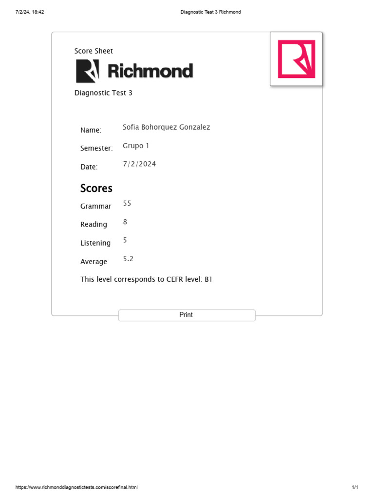 Diagnostic Test 3 Richmond | PDF