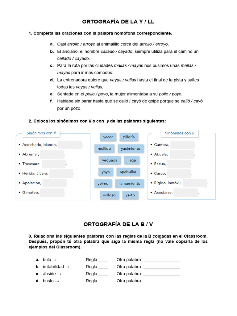 ACTIVIDADES ORTOGRAFÍA DE LA LL/ Y | PDF