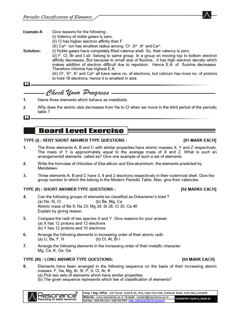 Periodic Classification of Elements Exercise | PDF | Periodic Table | Chemical Elements