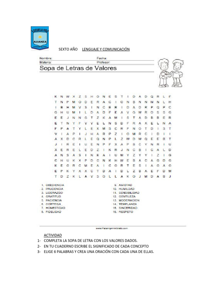 Guia de Lenguaje 6to Sopa Letras | PDF