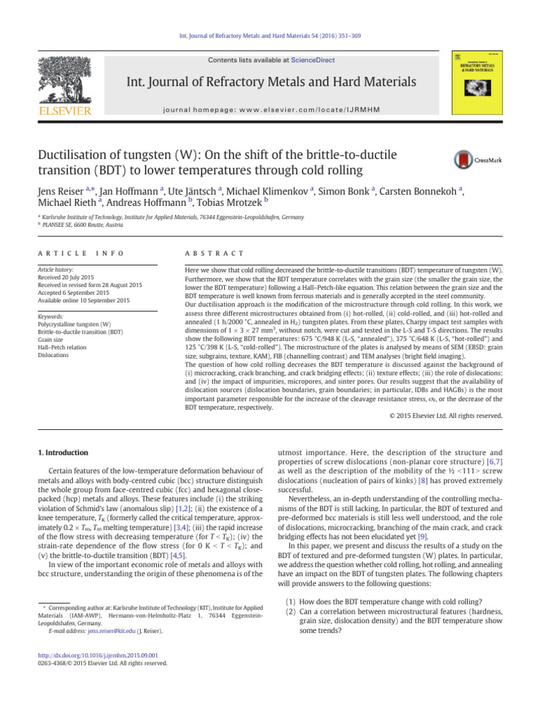 Reiser2016 - Ductilisation of Tungsten (W) On The Shift of The Brittle-To-Ductile | PDF ...