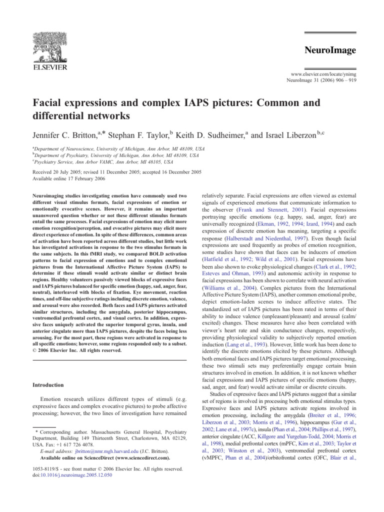 Brain Responses to Faces vs. IAPS Images | PDF | Emotions | Facial ...