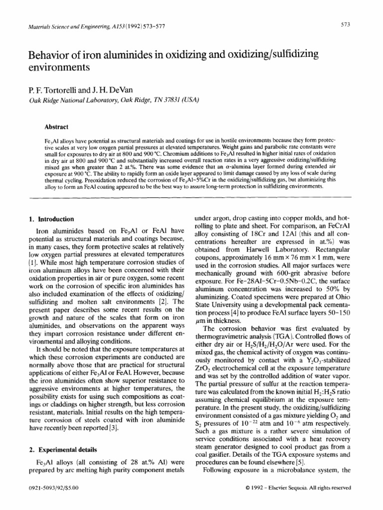 Tortorelli1992 - Behavior of Iron Aluminides in Oxidizing | PDF | Corrosion | Chromium