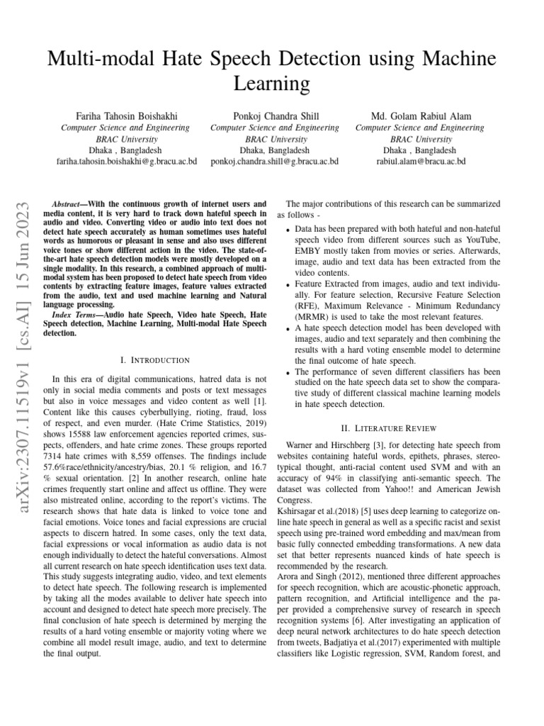 Multi-Modal Hate Speech Detection Using Machine | PDF | Sampling (Signal Processing ...