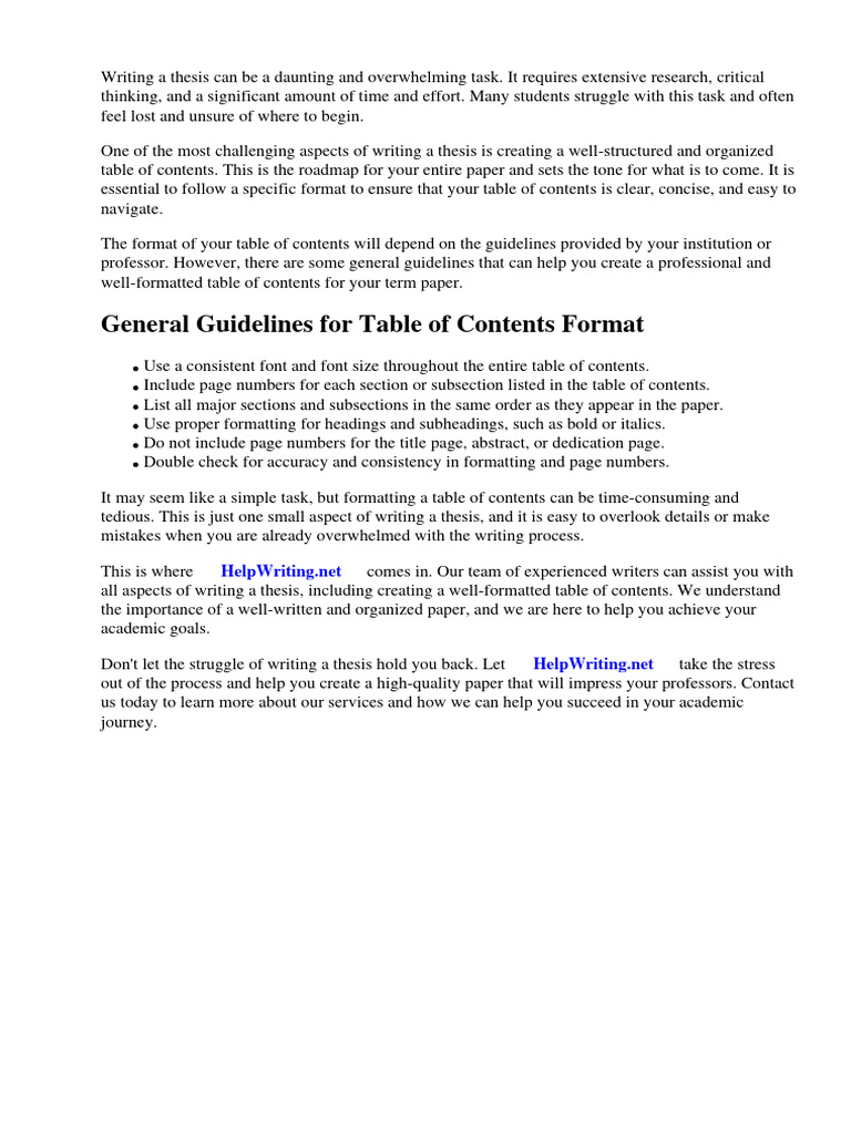 Table of Contents Format Term Paper | PDF | Apa Style | Thesis