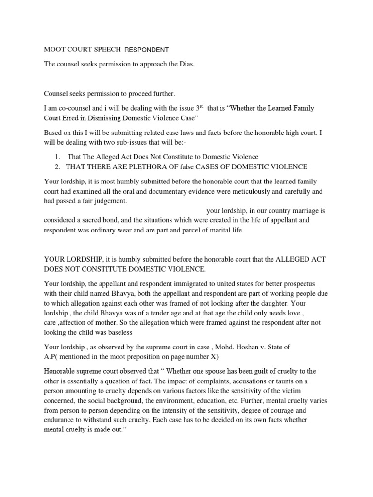 Moot Court Speech (Respondent) | PDF | Domestic Violence | Public Law
