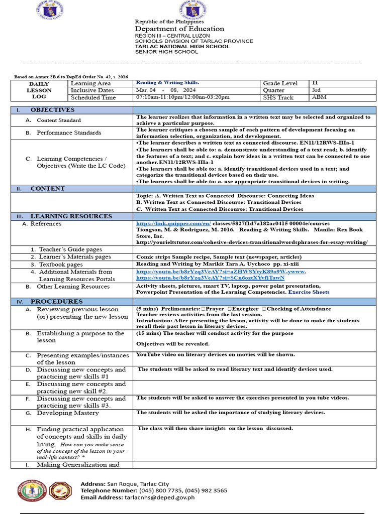 RCD DAILY-LESSON-LOG-READINGSem 2023 2024 SECOND SEM WEEK FIFTH | Download Free PDF | Learning ...