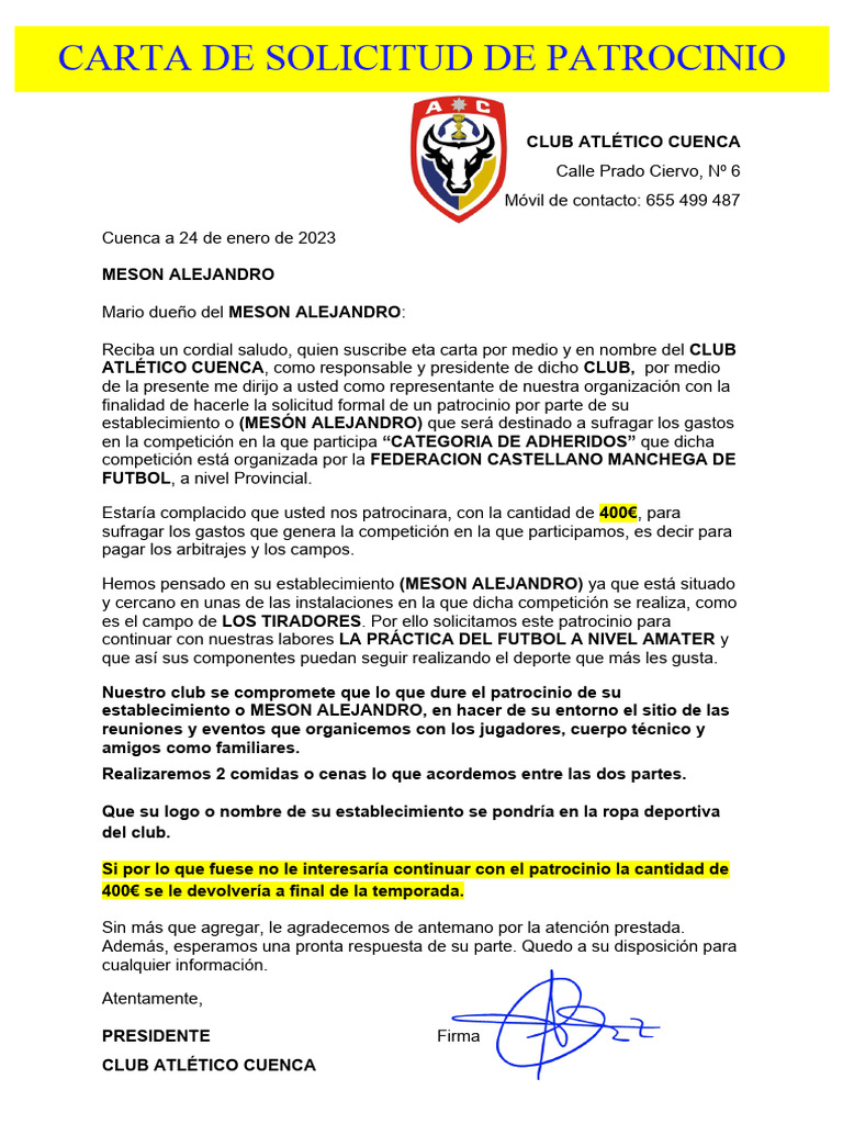 Carta de Patrocinio Meson Alejandro | PDF