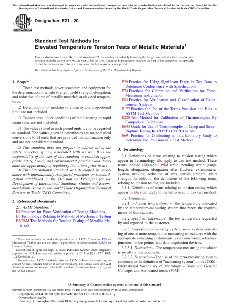 ASTM - E21-20 - Standard Test Methods For Elevated Temperature Tension ...