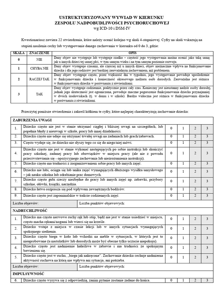 Ustrukturyzowany Wywiad W Kierunku Adhd | PDF