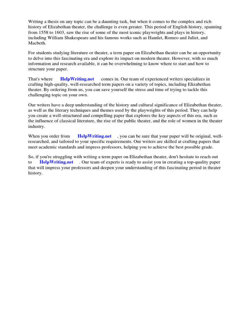 Elizabethan Theater Term Paper | PDF | Theatre | House Of Tudor
