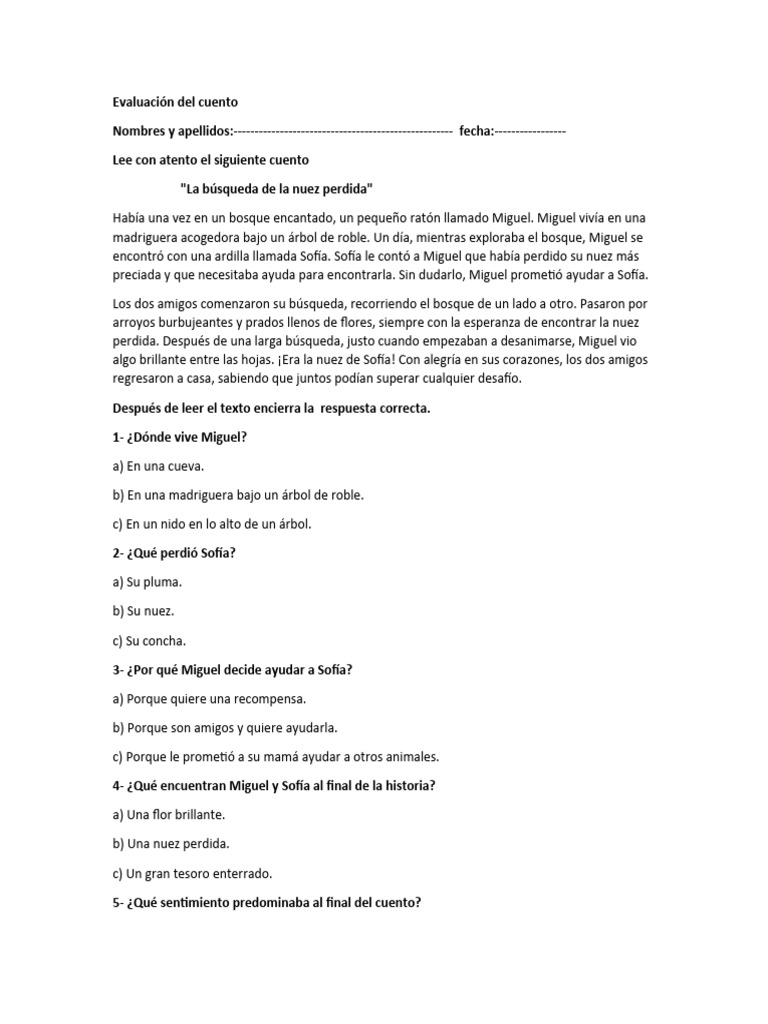 Evaluación Del Cuento | PDF