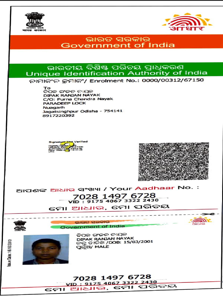 Aadhaar Card Details for Dipak Nayak | PDF