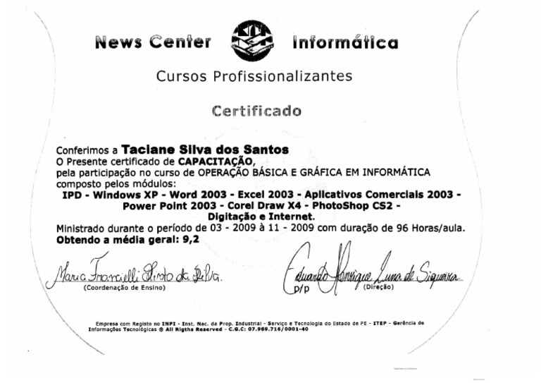 Certificado de Curso de Informática - Taciane Silva Dos Santos | PDF