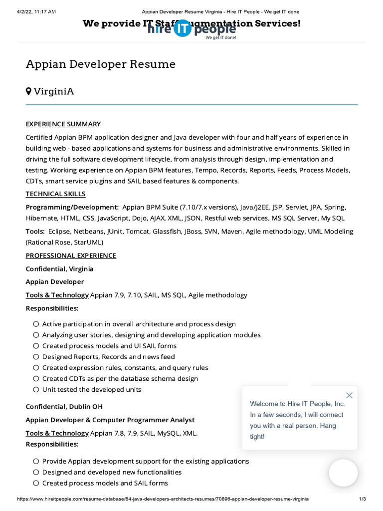 Appian Developer Resume Virginia - Hire IT People - We get IT done | PDF | Information ...