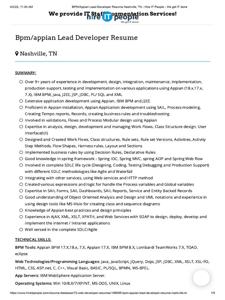EXCELLENT-Appian Lead Developer Resume Nashville, TN - Hire IT People ...