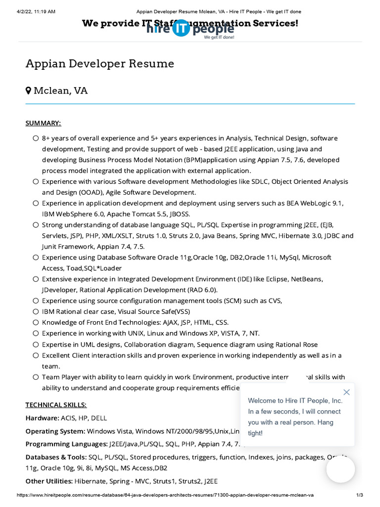 Appian Developer Resume Mclean, VA - Hire IT People - We Get IT Done ...