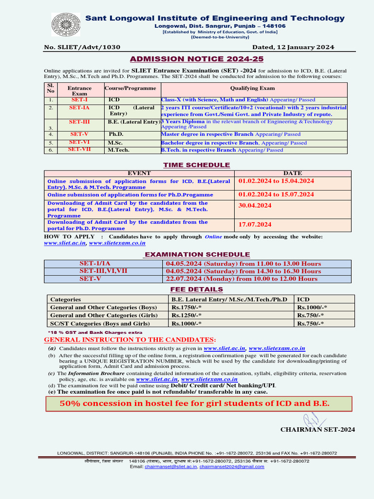 Admission Notice Sliet Set-2024 | PDF | University And College ...