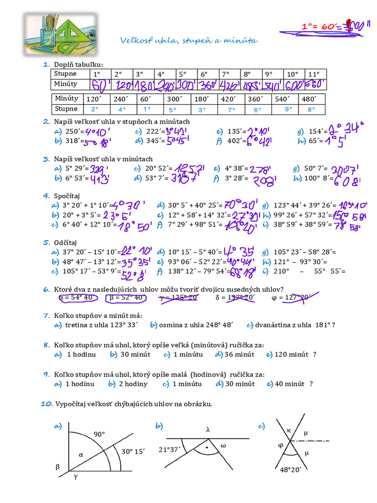 Veľkosť Uhla V Stupnoch A Minútach, Opakovanie | PDF