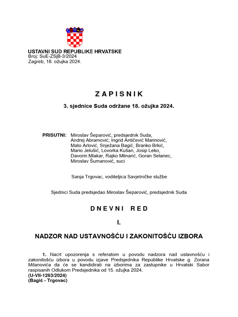 Zapisnik Sjednice Ustavnog suda od 18. Ožujka 2024. | PDF