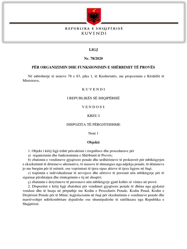 Ligji Nr. 78 2020 Per Organizimin Dhe Funksionimin e Sherbimit Te Proves | PDF