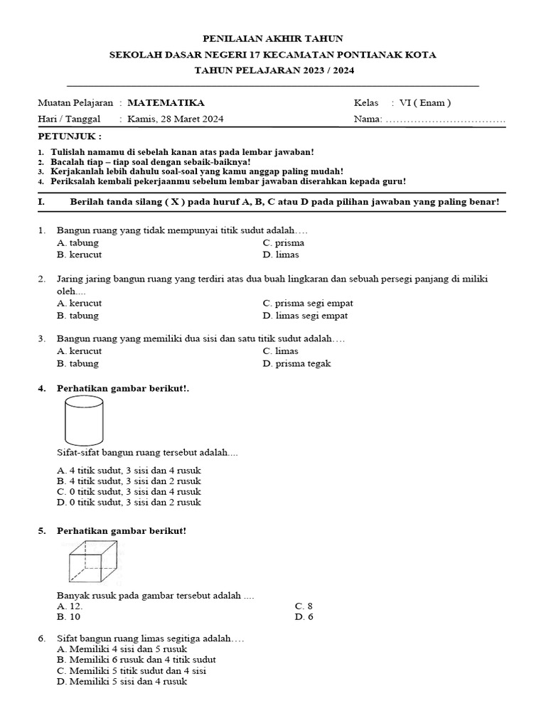 Soal MTK Kelas 6 | PDF