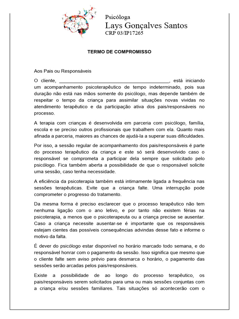 Termo de Compromisso | PDF | Psicologia | Psicoterapia