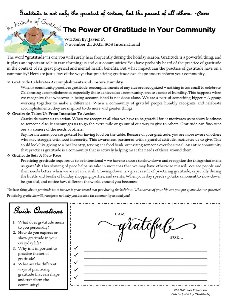 CATCH-UP FRIDAY-GRATITUDE (Reading Materials&Task Sheet) | PDF ...