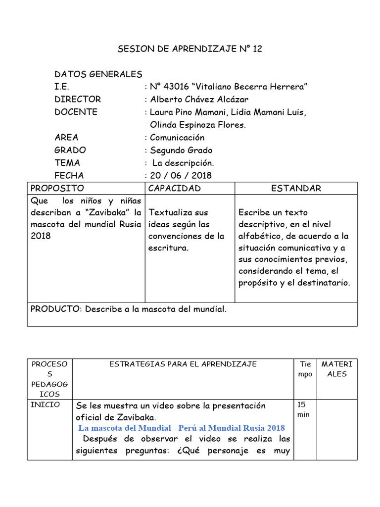 SESION DE APRENDIZAJE #12 Descripcion Zavibaka | PDF