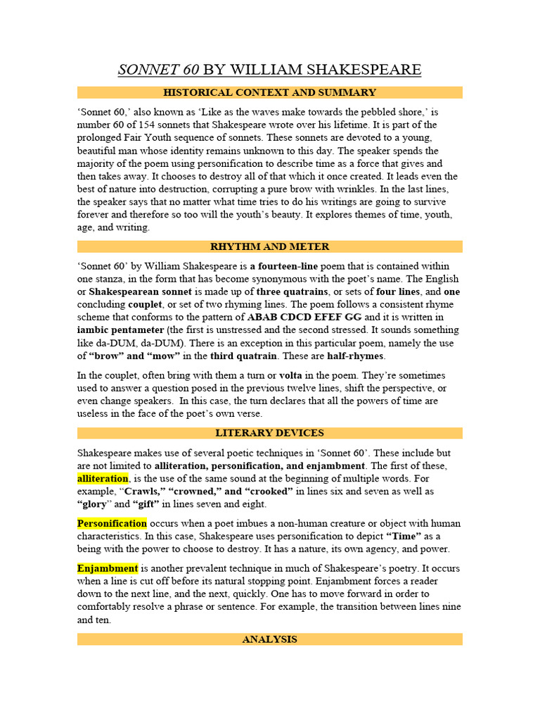 Sonnet 60 by William Shakespeare | Download Free PDF | Poetry | Sonnets