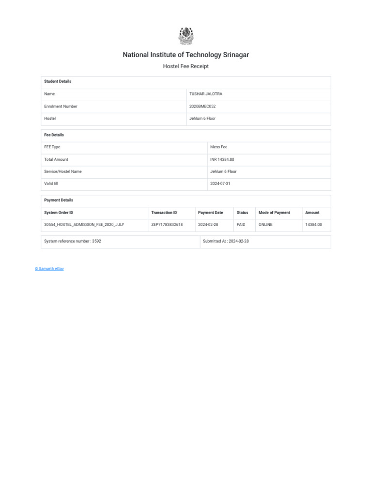 Hostel Fee Receipt | PDF