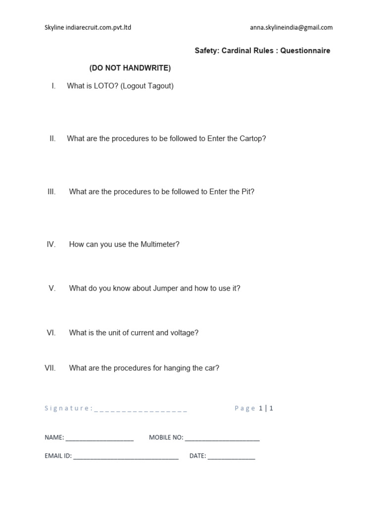 Safety - Cardinal Rules - Questionnaire | PDF