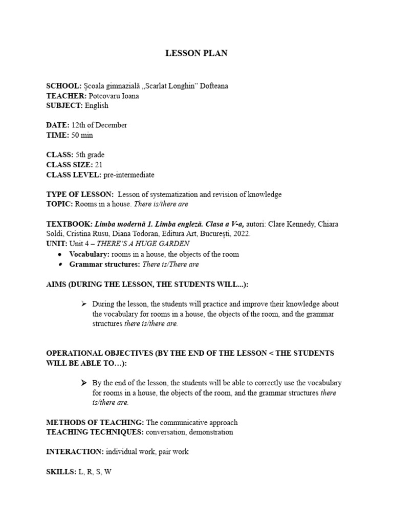 5th Grade English Lesson Plan: Rooms | PDF | Cognitive Science | Behavior Modification