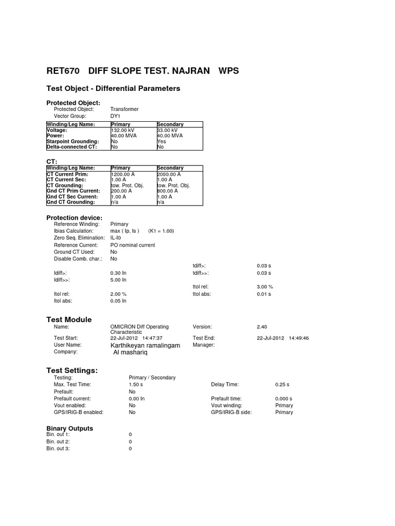 Ret670 Diff Slope Test | PDF | Power (Physics) | Manufactured Goods