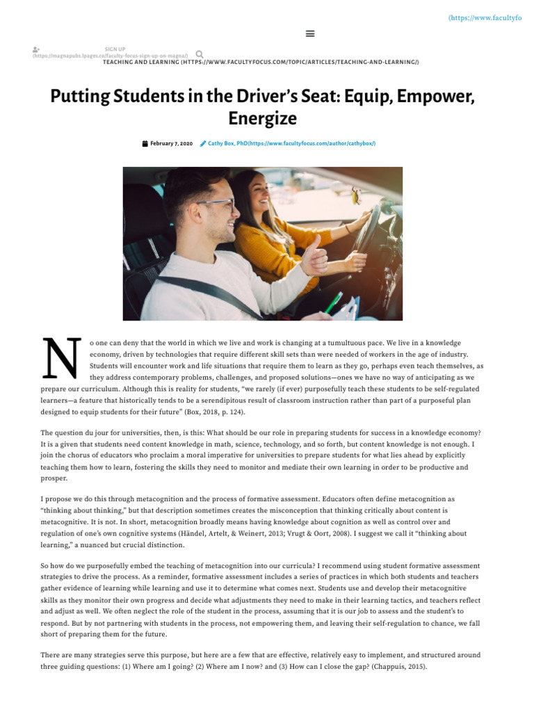 Putting Students in The Driver's Seat - Equip, Empower, Energize - Faculty Focus (METACOGNITION ...