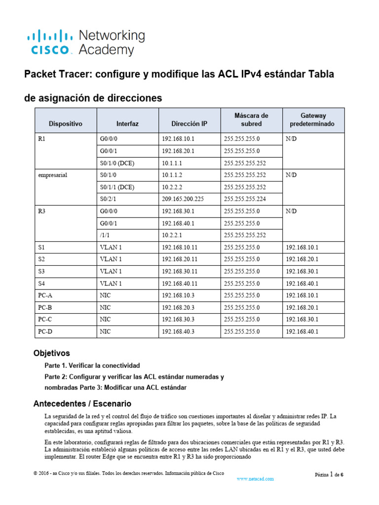 5 2 7 Packet Tracer Configure And Modify Standard Ipv4 Acls Es Xl Pdf Enrutador