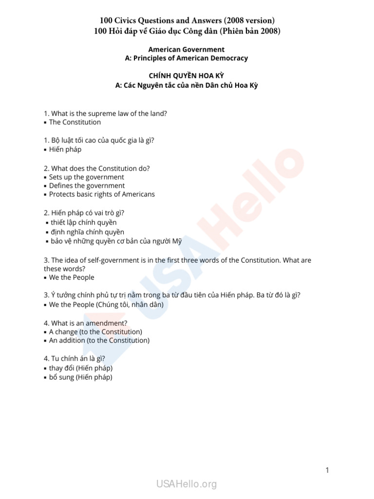 Vietnamese-English-100-civics-test-questions-1 | PDF