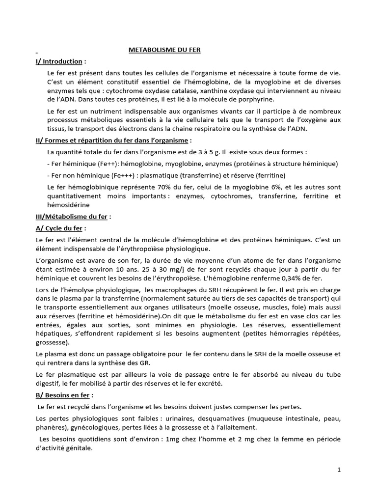 Métabolisme du Fer : Rôle et Absorption | PDF | Anémie | Hémoglobine
